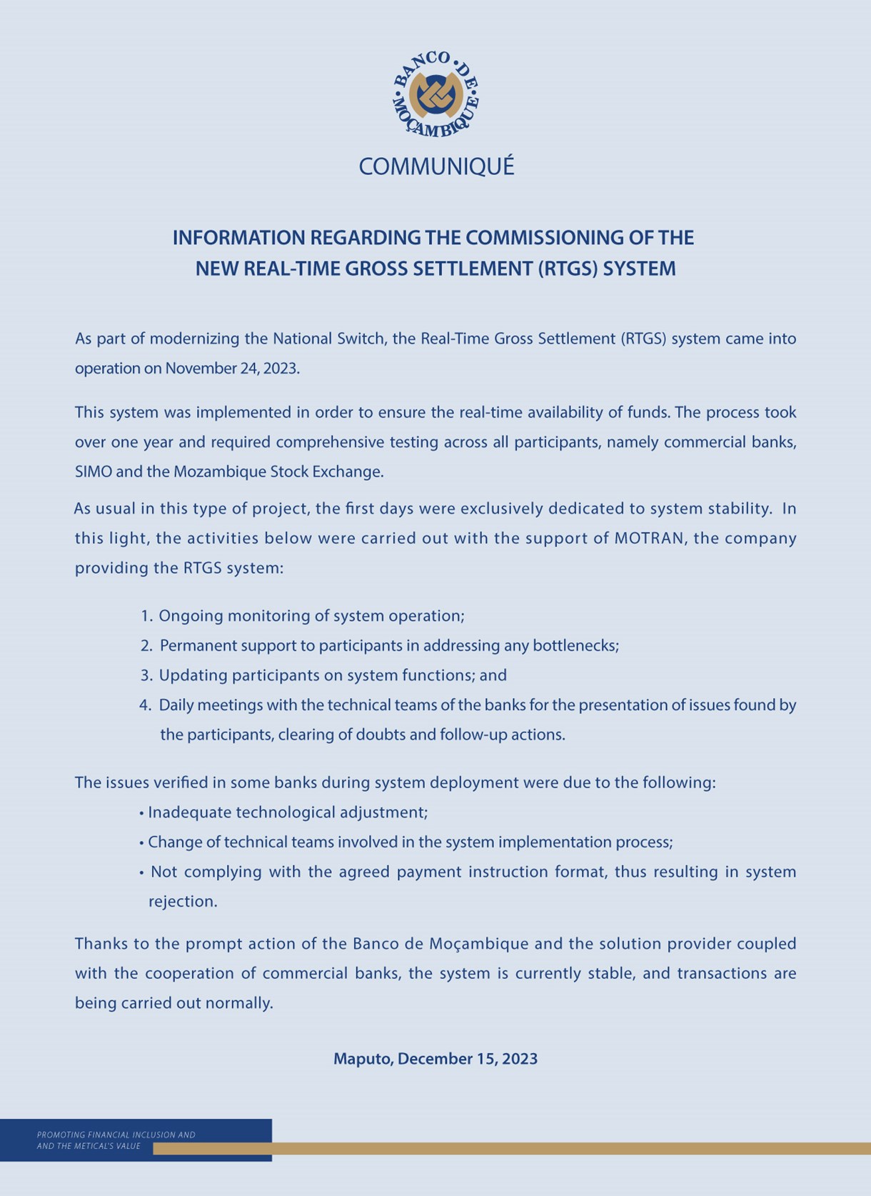 INFORMATION REGARDING THE COMMISSIONING OF THE NEW REAL-TIME GROSS ...