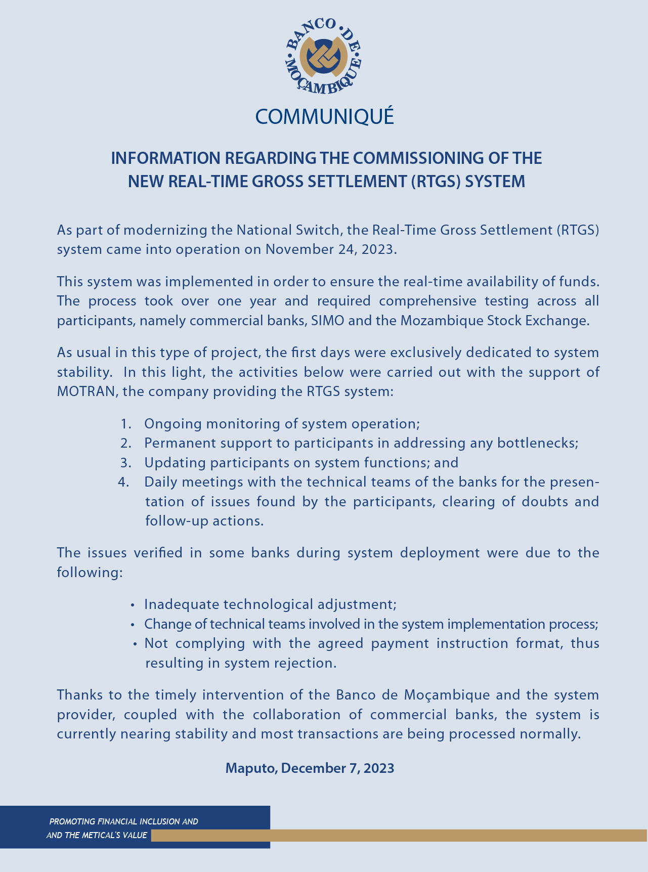 INFORMATION REGARDING THE COMMISSIONING OF THE NEW REAL-TIME GROSS ...