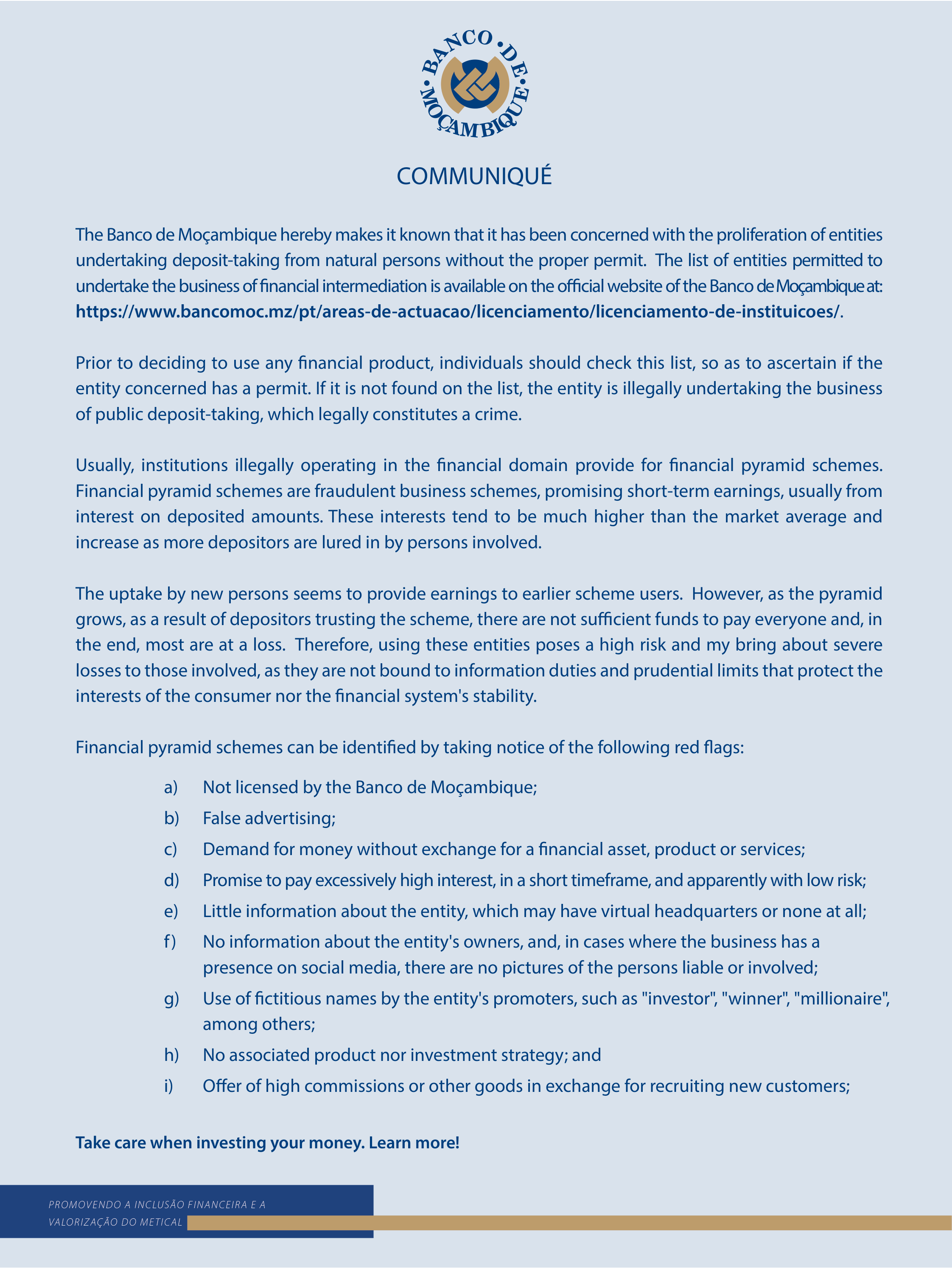 BEWARE OF FINANCIAL FRAUD SCHEMES - Banco de Moçambique